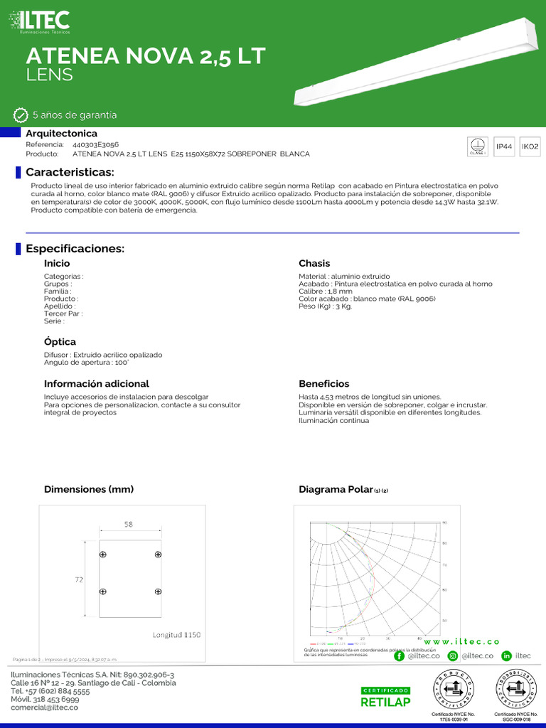Atenea Nova 2,5 LT Lens E25 1150X58X72 Sobreponer Blanca | PDF | Ingenieria Eléctrica | Electricidad