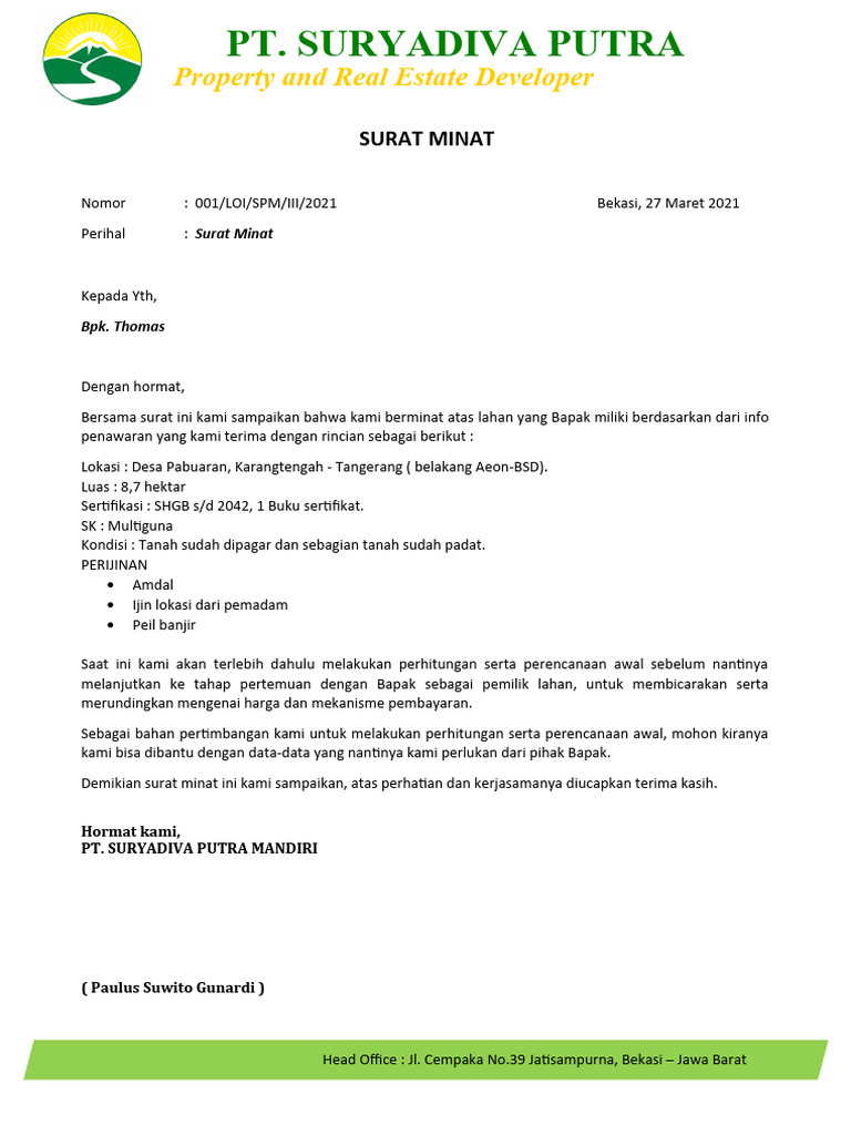 Contoh LOI Pembelian Tanah 8,7 Hektar | PDF