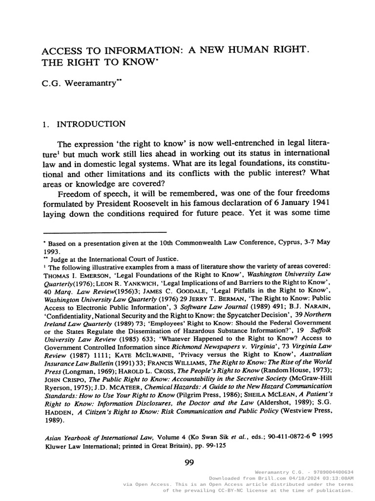 Right to Know: A New Human Right | PDF | International Law | Human Rights