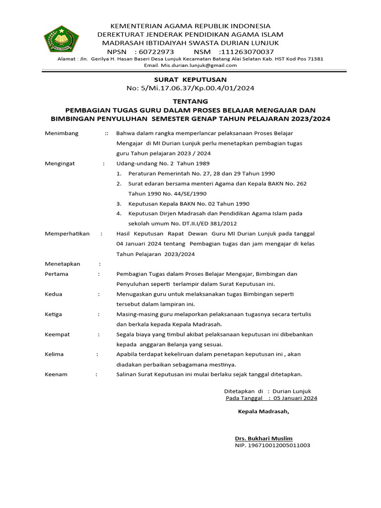 SK Pembagian Tugas Pelajaran 20232024 Semester Genap - Revisi Jam | PDF