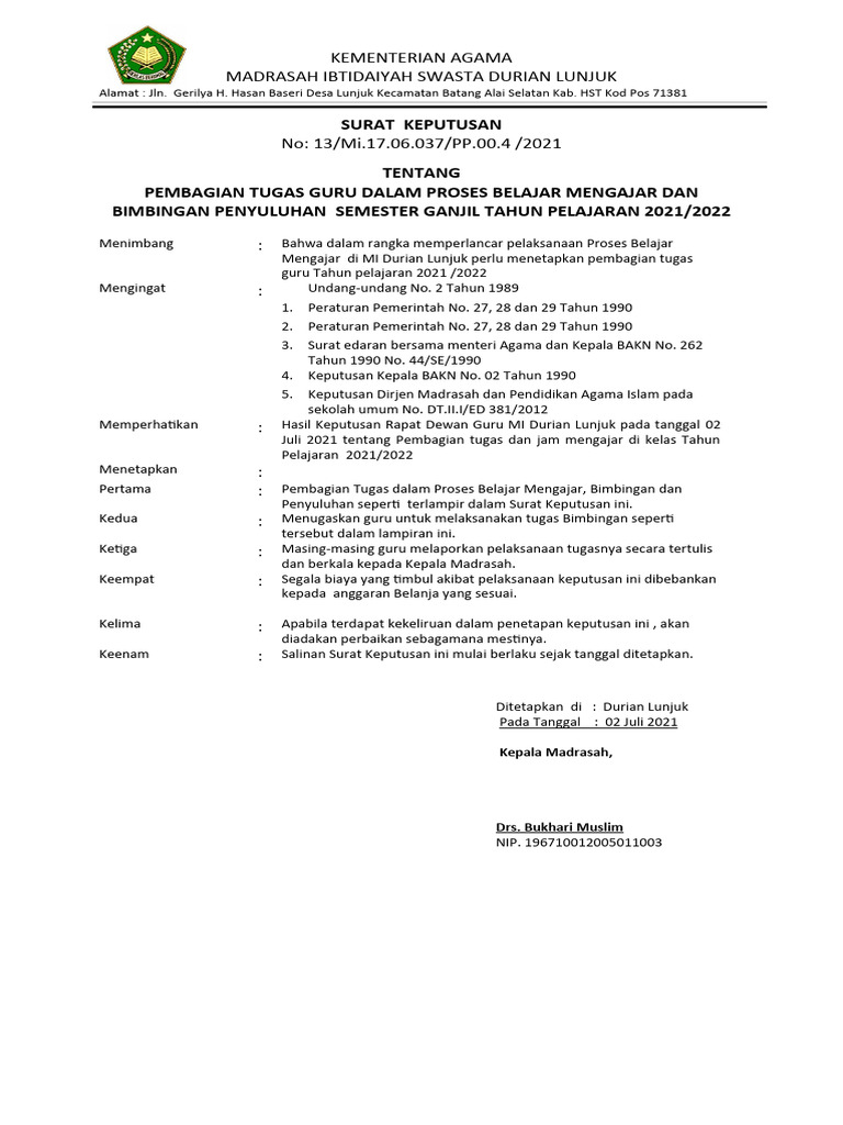 SK Pembagian Tugas Pelajaran 20212022 Semester Ganjil | PDF | Karier & Perkembangan