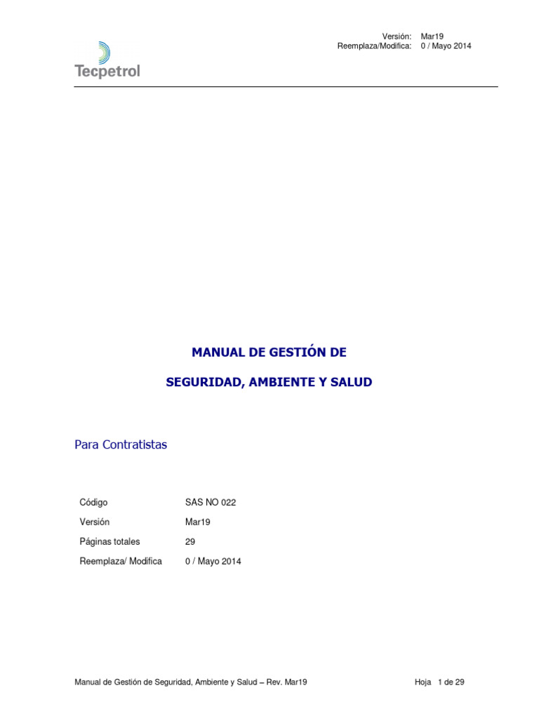SAS - Manual de Gestión de Seguridad - Rev. Mar19 | Descargar gratis PDF | Seguridad y salud ...