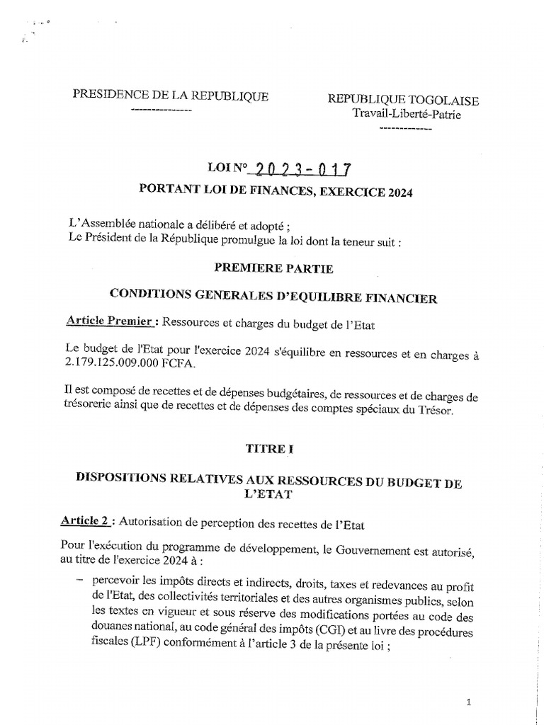 Loi N° 2023-017 Portant Loi de Finances, Exercice 2024 | PDF