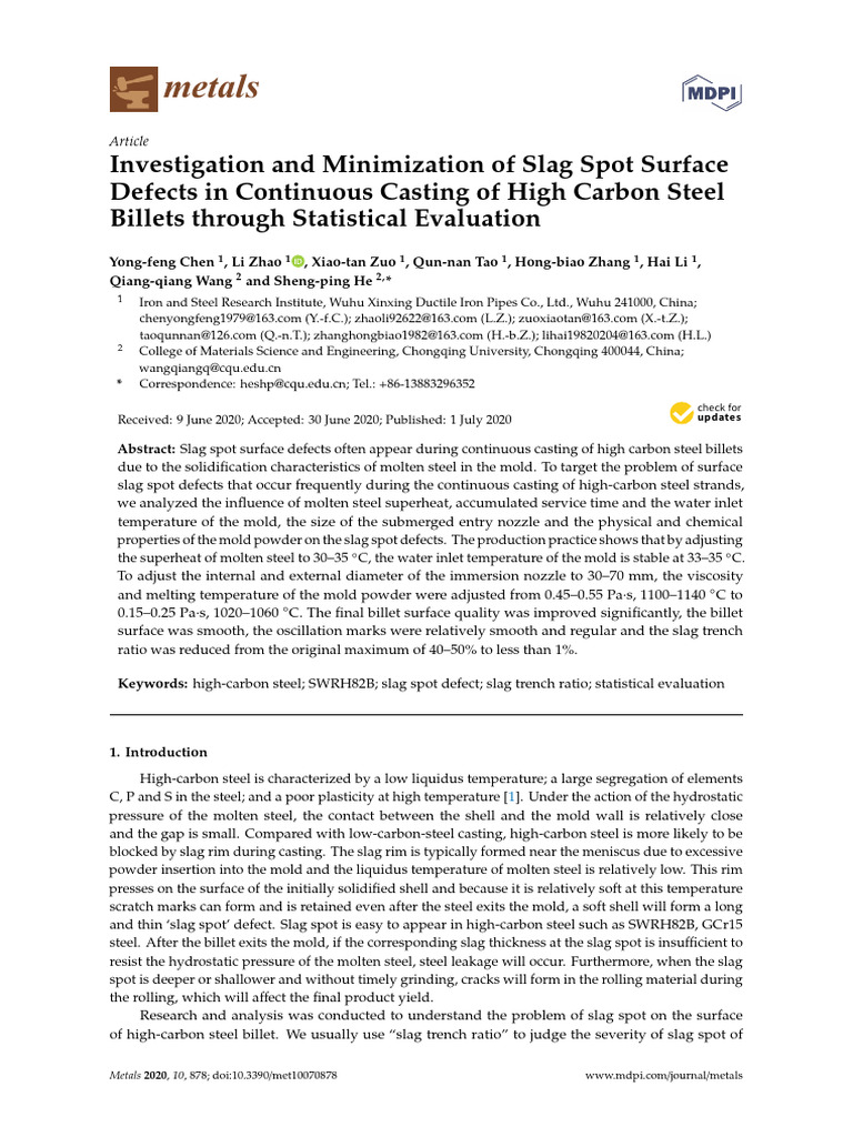 Investigation and Minimization of Slag Spot Surface Defects in ...