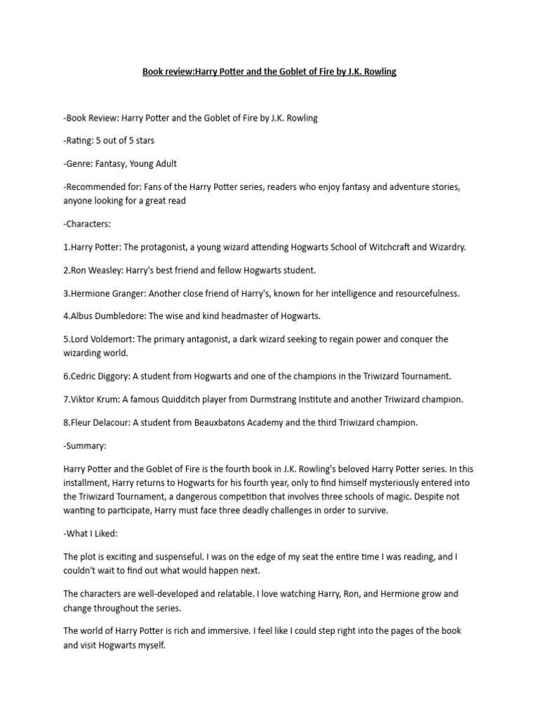 Book Review:harry Potter and The Goblet of Fire by J.K. Rowling ...