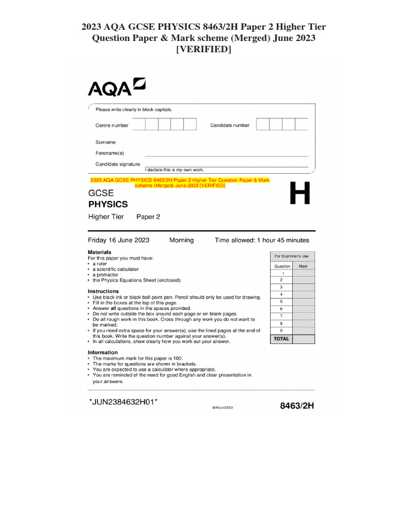 2023 AQA GCSE Physics Paper 2 Mark Scheme | PDF