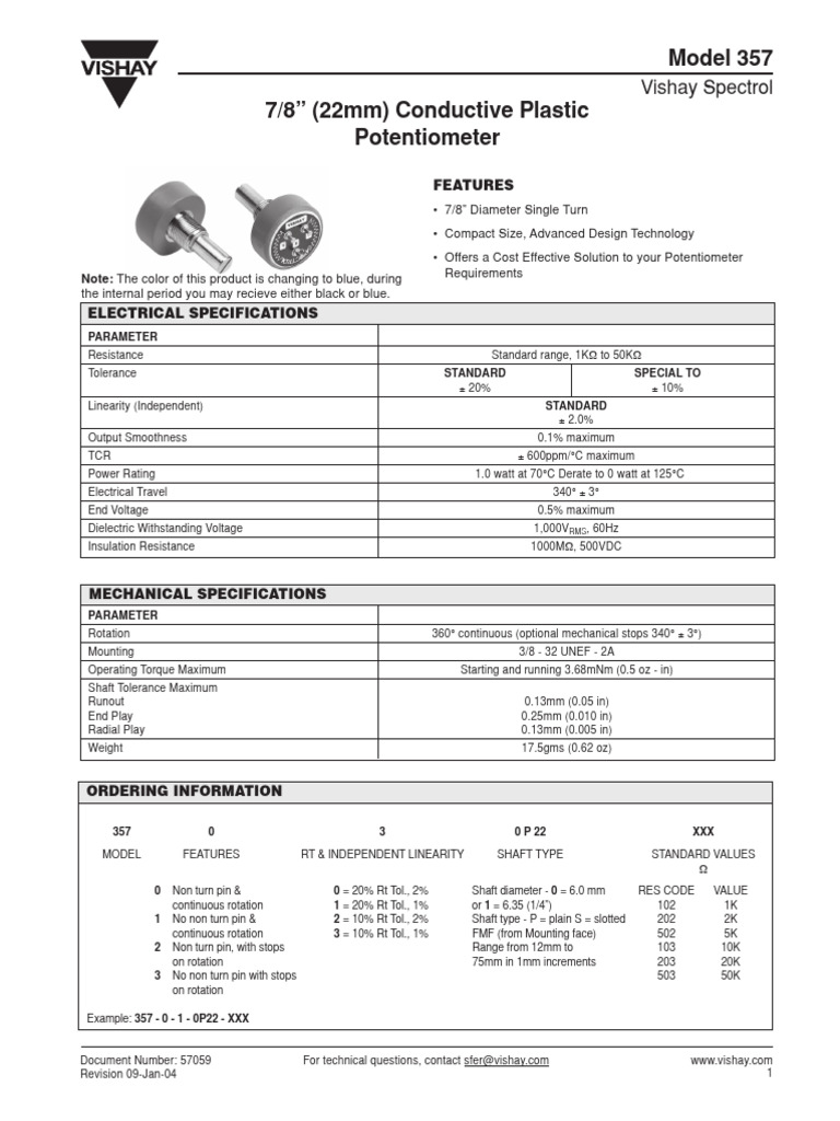 Vishay Spectrol Model 357 Potentiometer | PDF | Engineering Tolerance ...