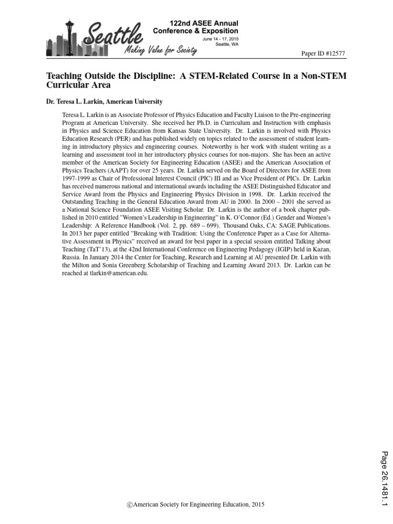 Teaching Outside The Discipline A Stem Related Course in A Non Stem ...