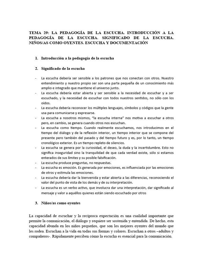 TEMA 29 - La Pedagogía de La Escucha | PDF | Aprendizaje | Cognición