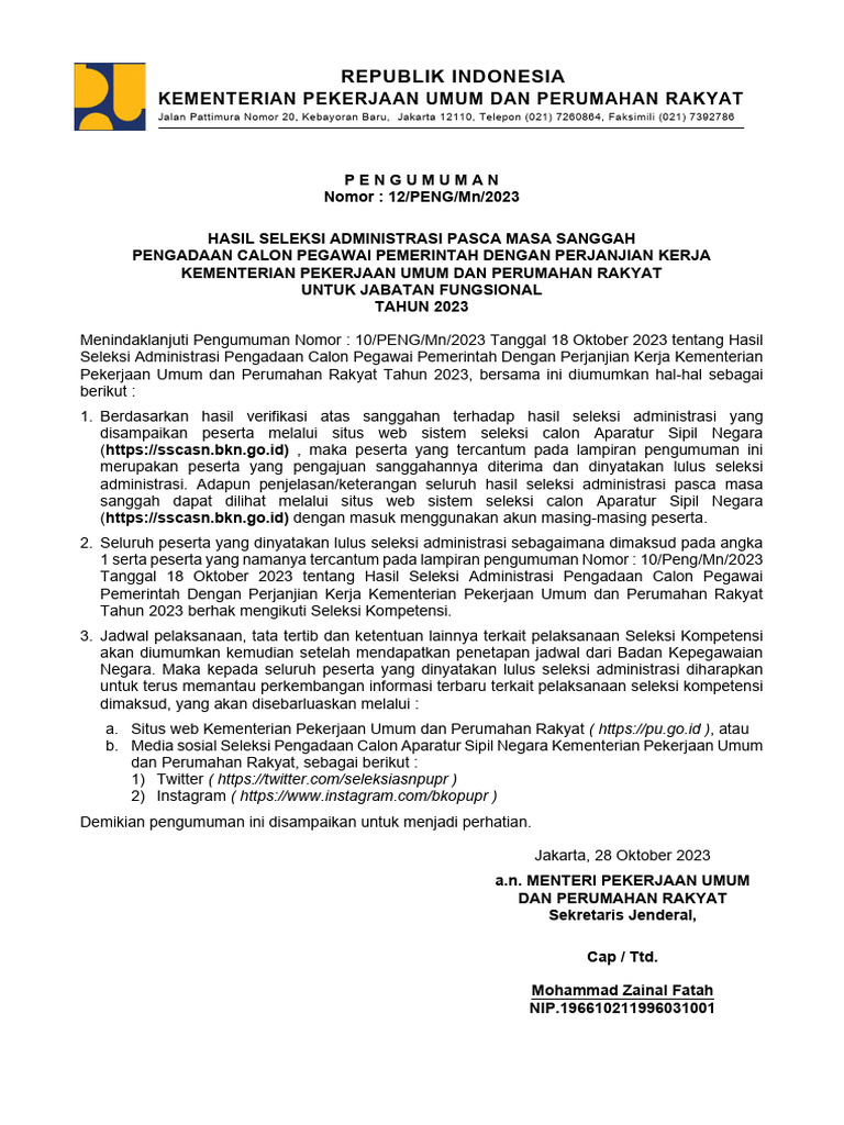 Pengumuman Hasil Seleksi Administrasi Pasca Masa Sanggah | PDF