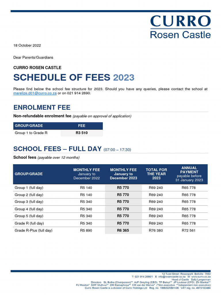Curro Rosen Castle Fee Structure 2023 | PDF | Money