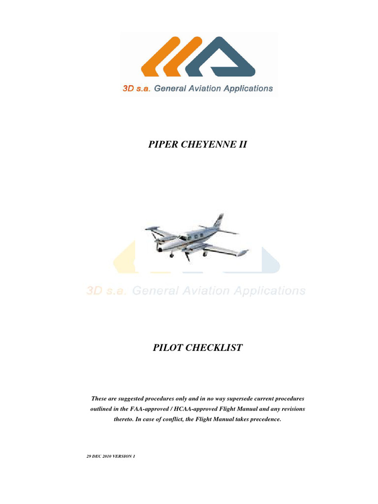 Piper Cheyenne II Pilot Ckhecklist | PDF | Aerospace | Aircraft