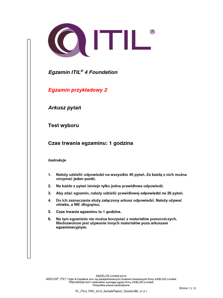 ADS PL51 ITIL4FND SamplePaper2 Questions v1.2.1 | PDF