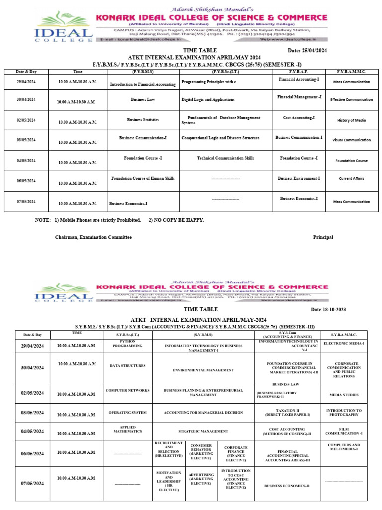 Internal Exam Time Table | PDF | Information Technology | Marketing