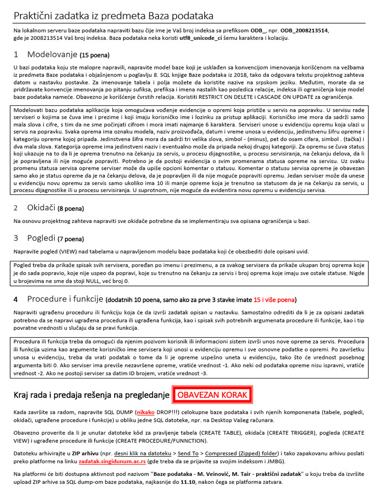 114 - Zadatak Za Ispit Iz Predmeta Baze Podataka - O 22.1.2021. | PDF