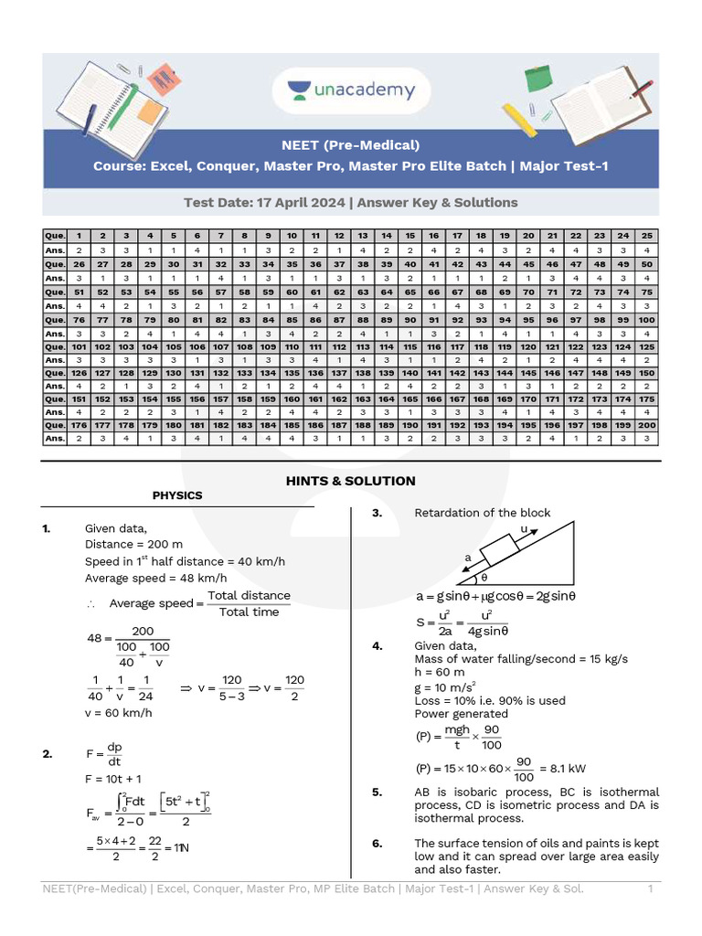 Answer Key 17-04-2024 Major Test-01 | PDF | Potential Energy | Kinetic ...