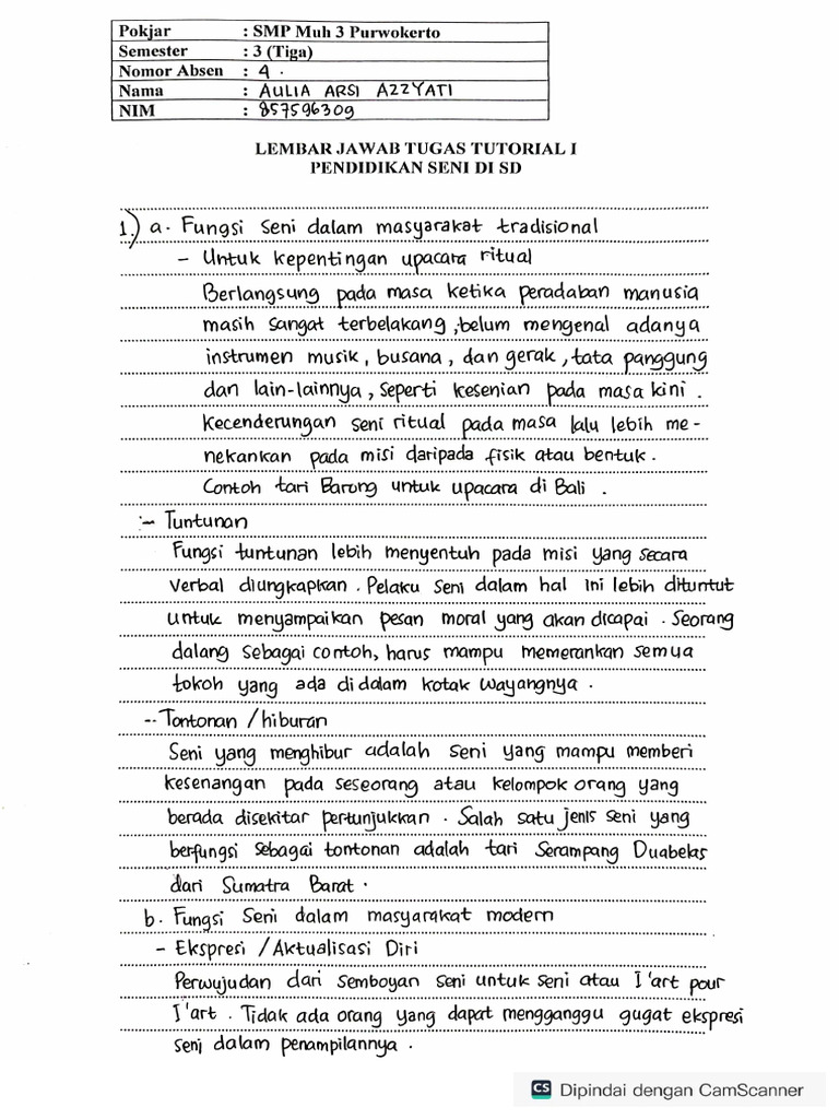 Tugas 1 Pendidikan Seni Di SD - Aulia Arsi Azzyati (857596309) | PDF