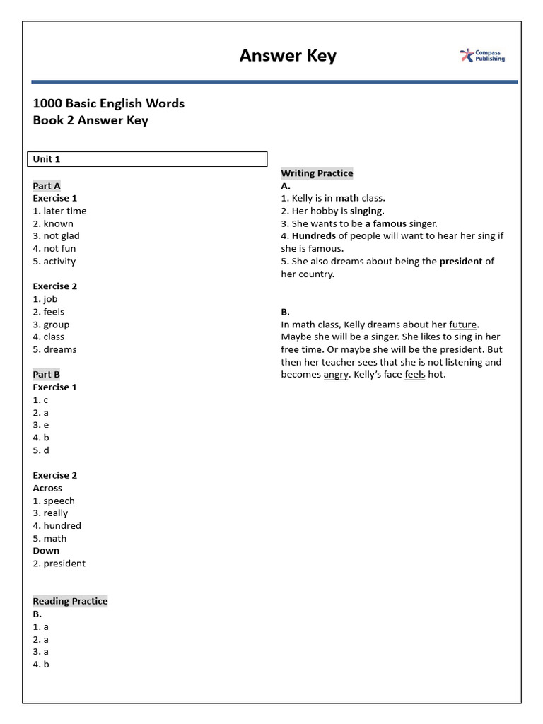 1000 Basic English Words 2 Answer Key | PDF