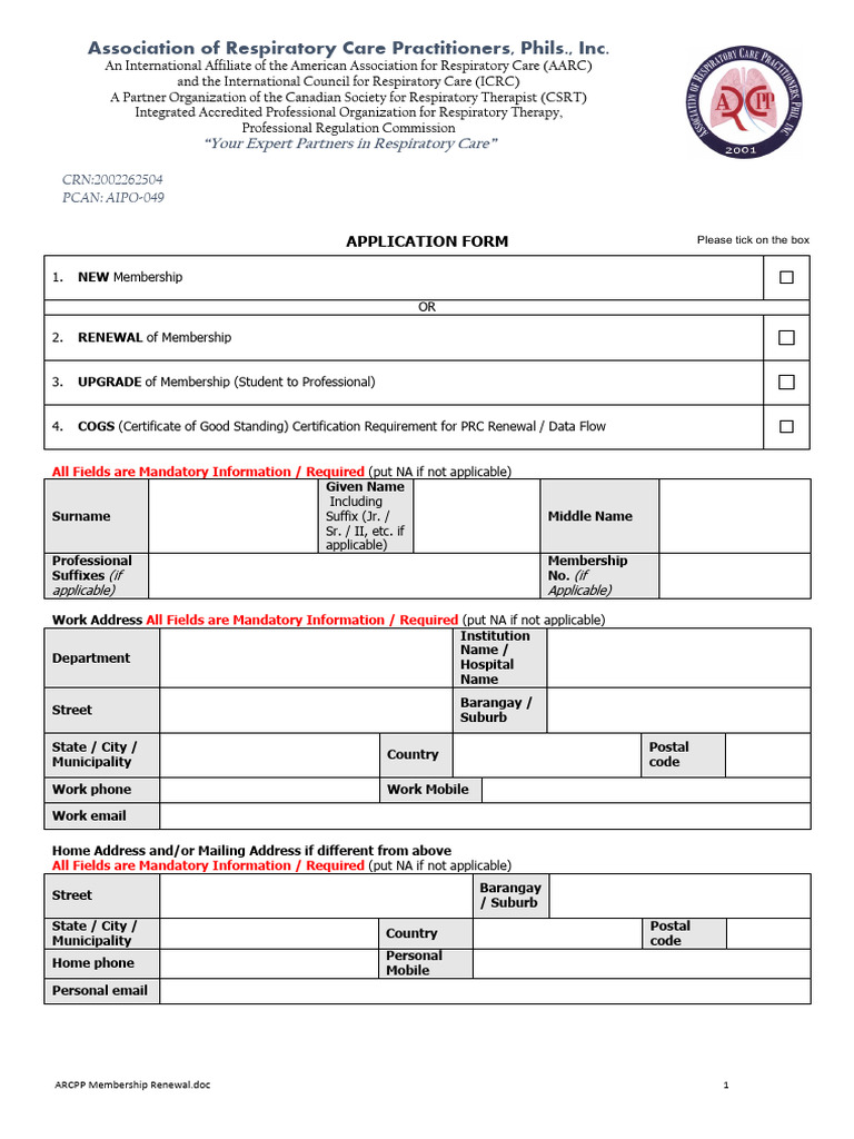 ARCPP Membership Renewal and COGS Application | PDF | Banks