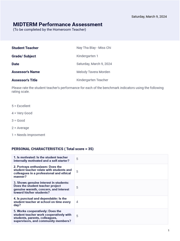 Kindergarten Teacher Midterm Assessment | PDF | Teachers | Classroom ...