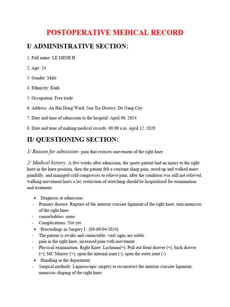Post-Op ACL Reconstruction Record | PDF | Knee | Surgery