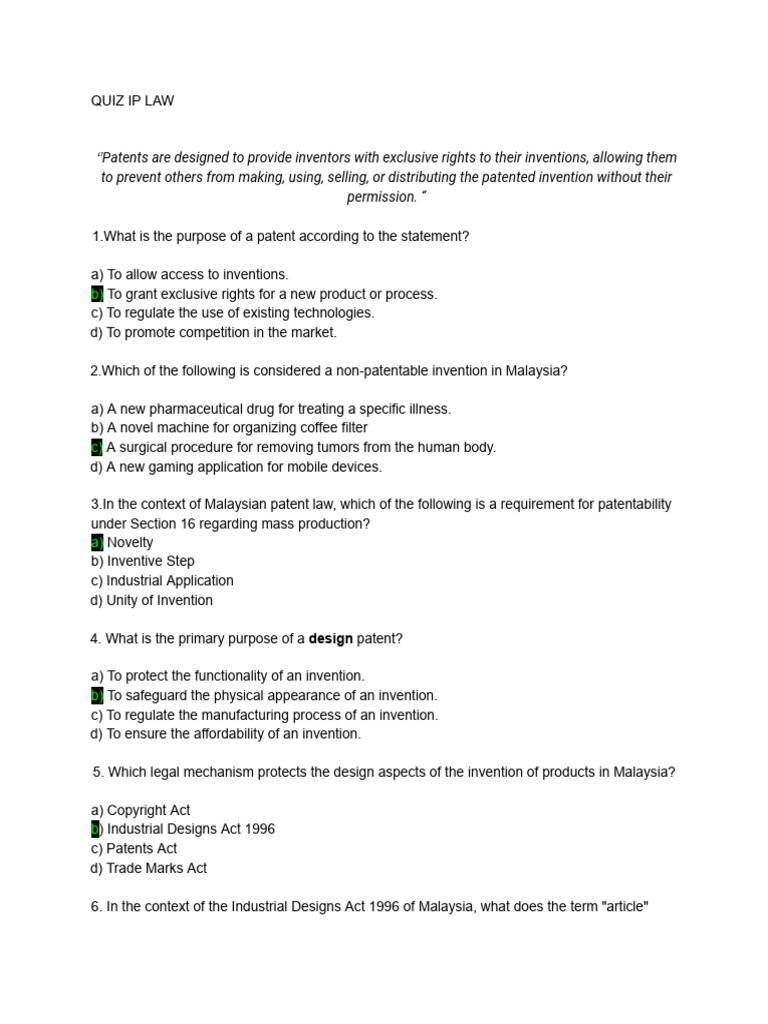 Quiz Ip Law | PDF | Patent | Priority Right