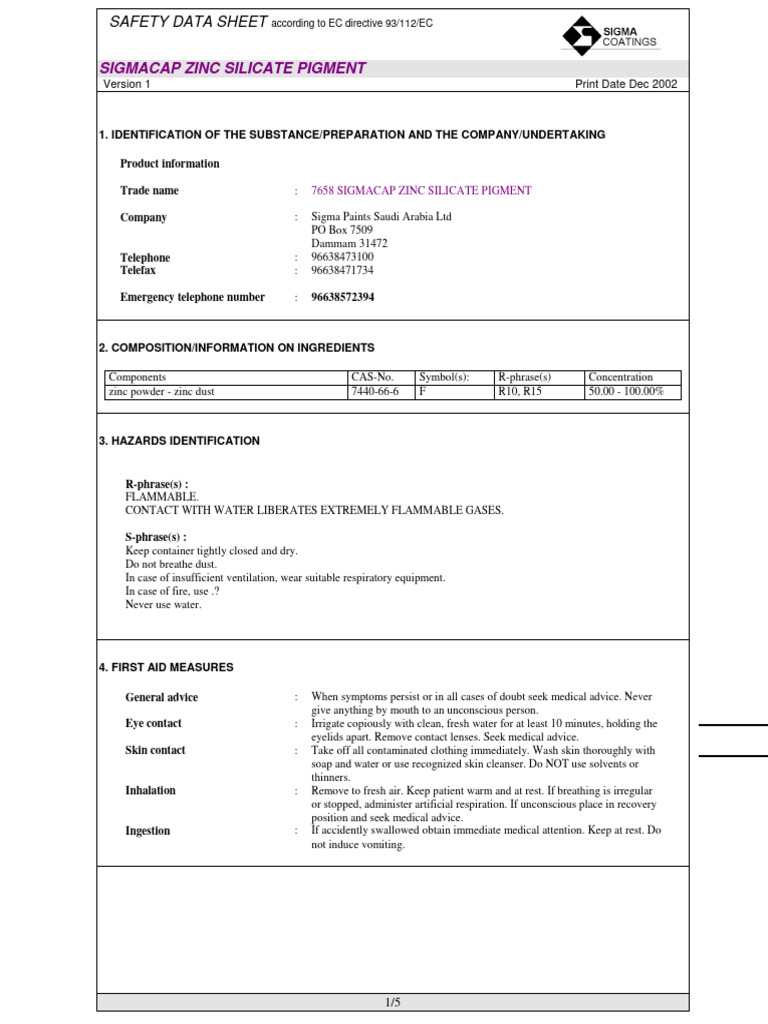 7658 Sigmacap Zinc Silicate Pigment_msds | PDF | Carbon Dioxide ...