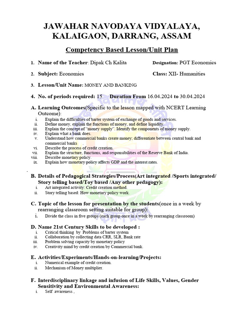 CBE LESSON PLAN OF Money and Banking | PDF | Money | Monetary Policy