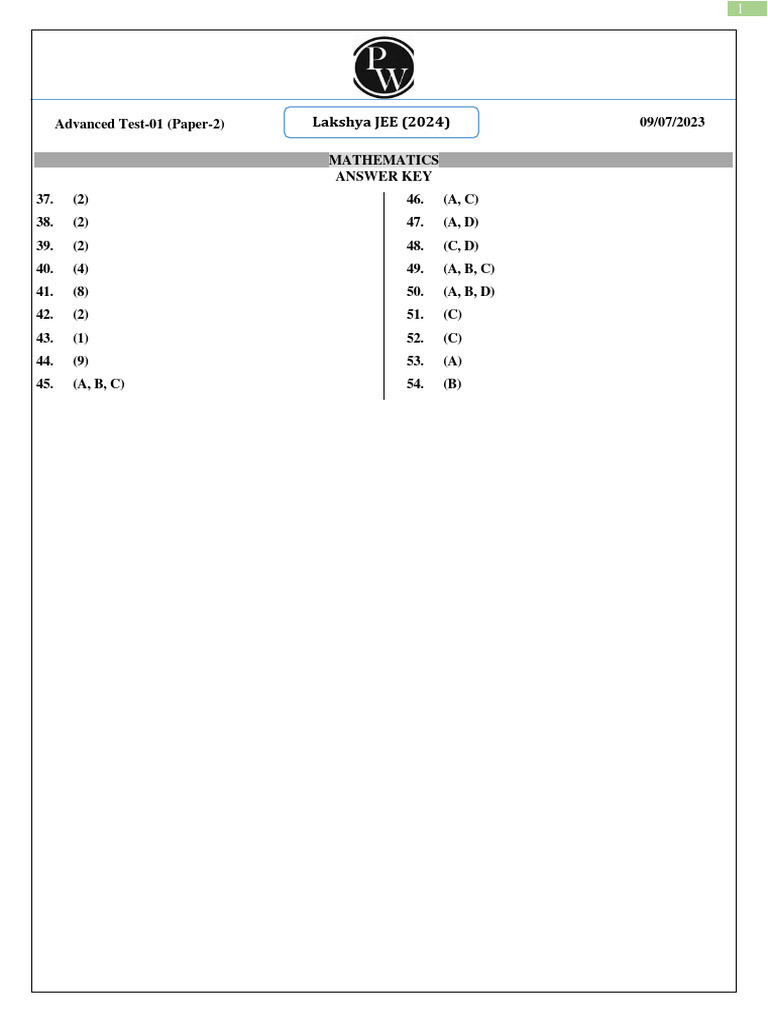 JEE 2024 Mathematics Answer Key | PDF | Teaching Methods & Materials