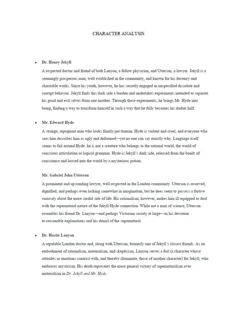 CHARACTER ANALYSIS | PDF | Dr. Jekyll And Mr. Hyde (Character) | Strange Case Of Dr Jekyll And ...