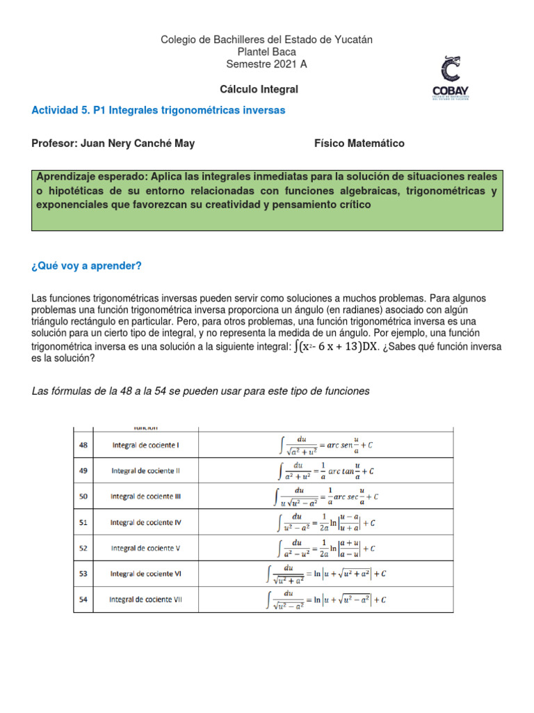 Actividad 5. P1 Integrales Inversas | PDF | Integral | Funciones ...