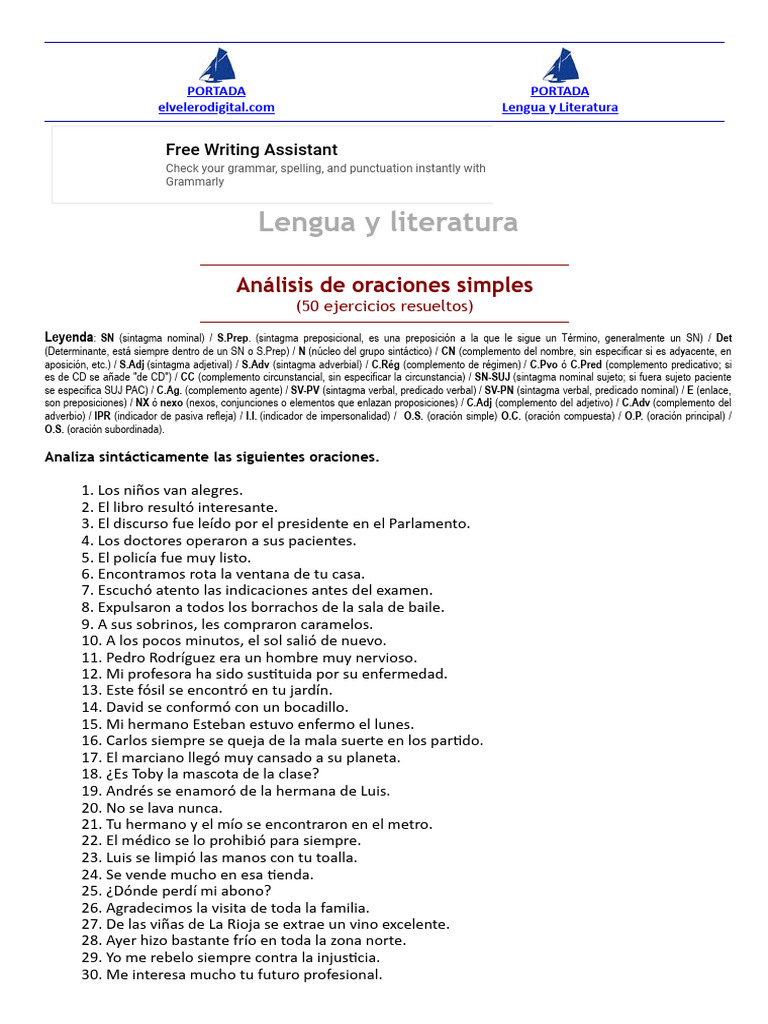 Sintaxis Ejercicios Oraciones Simples Resueltas | PDF | Predicado (Gramática) | Oración ...