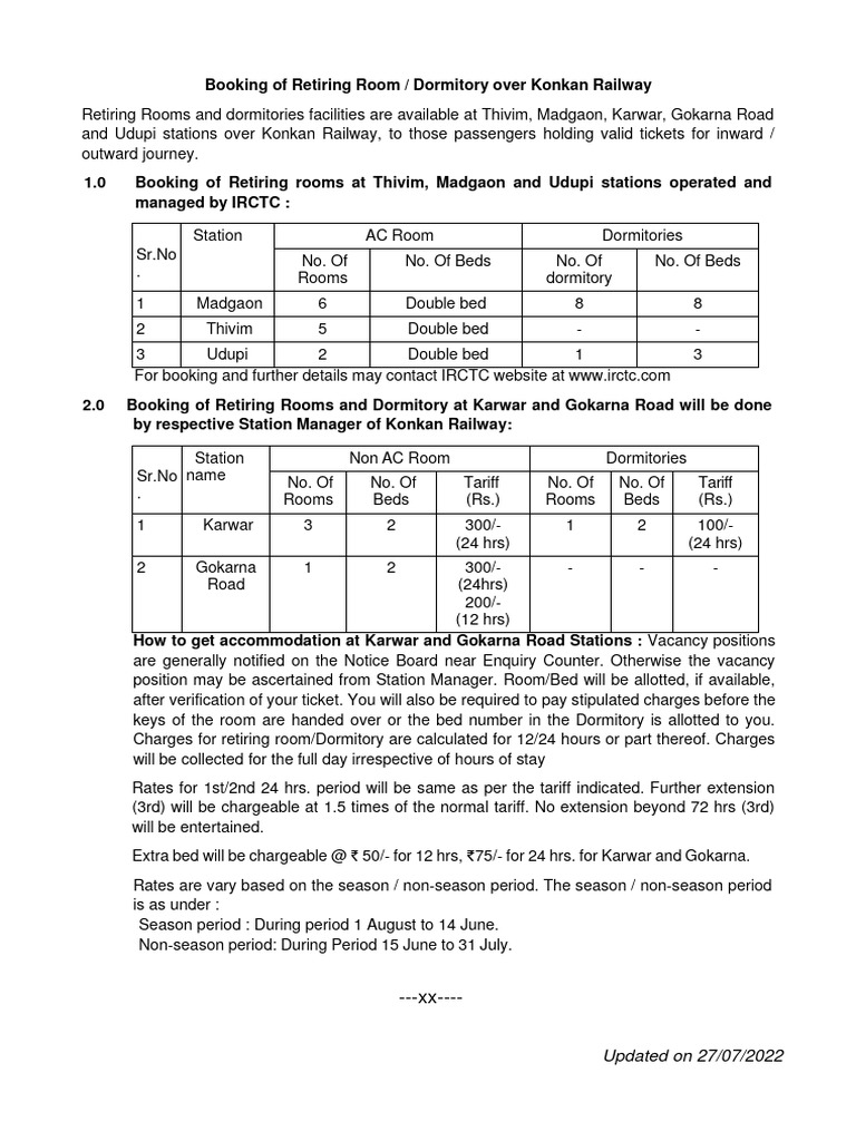 Konkan Railway Retiring Room Rates | PDF | Transport | Rail Transport