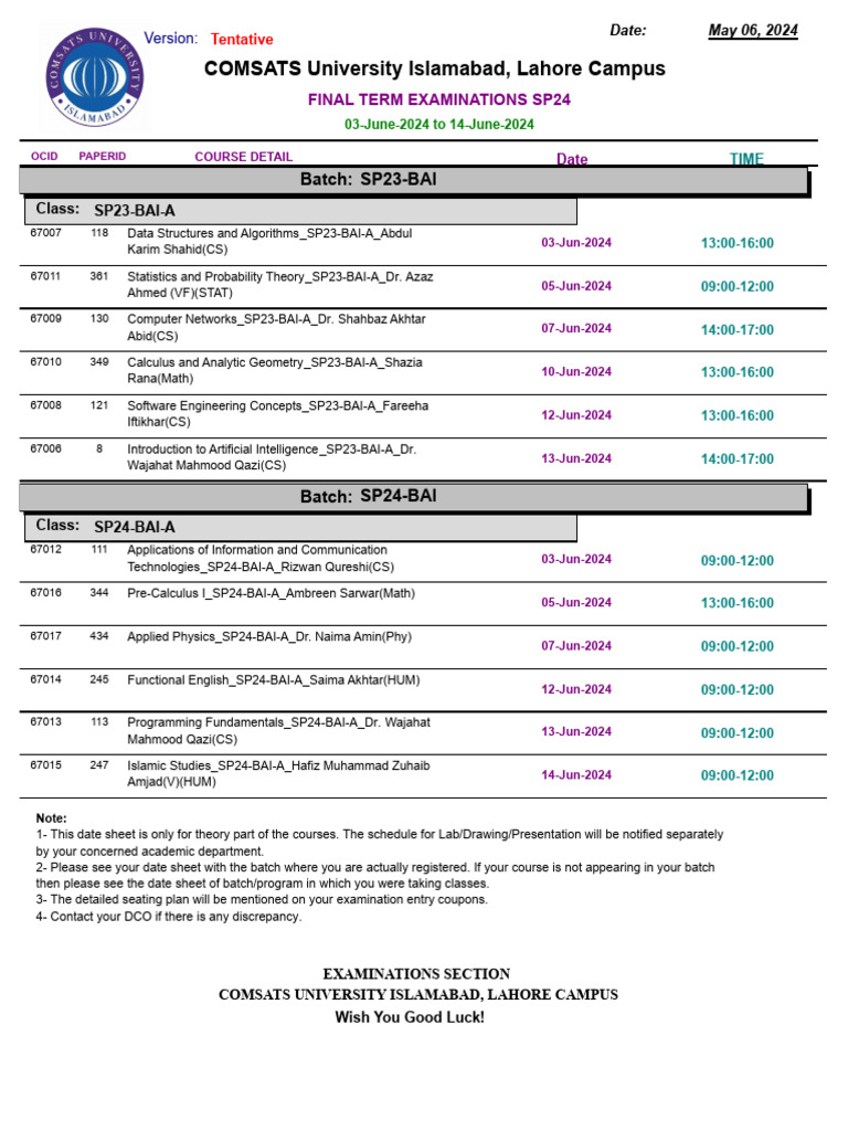 COMSATS University Islamabad, Lahore Campus: SP23-BAI Batch | PDF ...