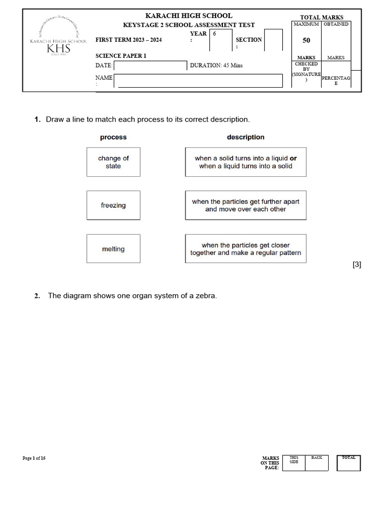 Year 6 Science Test 2023-2024 | PDF | Blood | Water