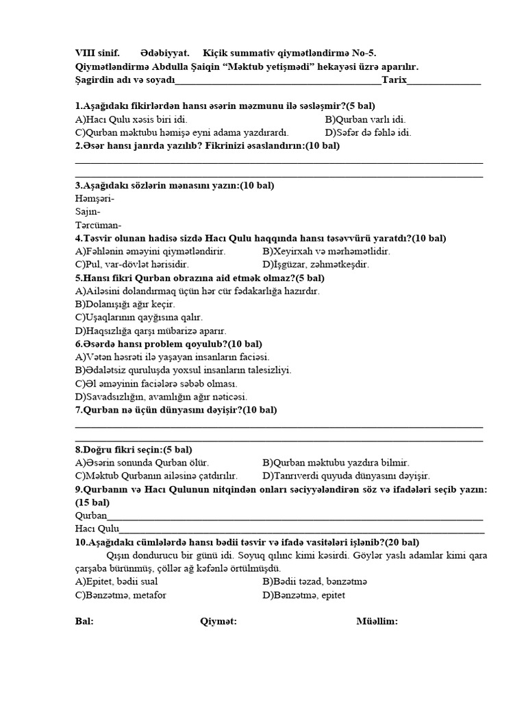 8ci Sinif Edeb Ksq5 | PDF