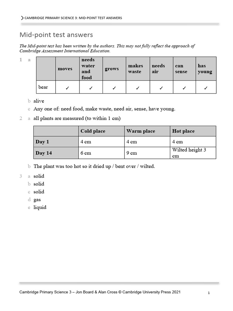 Cambridge Primary Science 3 Test Answers | PDF