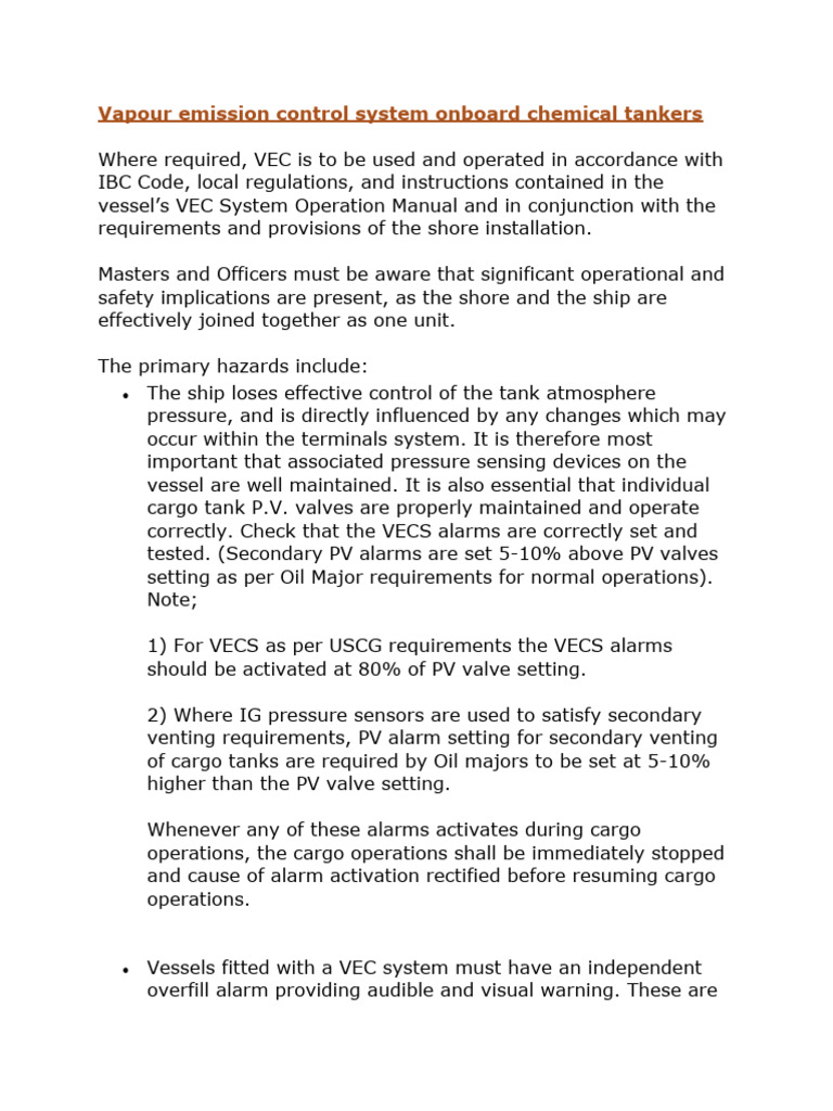 Vapour Emission Control System Onboard Chemical Tankers | PDF | Oil Tanker