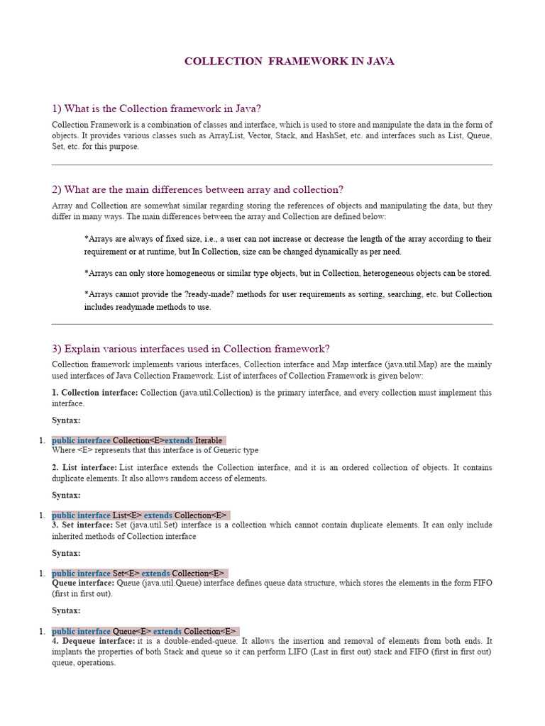 Collection Fram Work in Java Interview Questions | PDF | Queue (Abstract Data Type) | Method ...