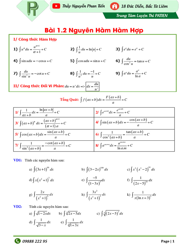 Bài 1.2 Nguyên Hàm C A Hàm H P | PDF