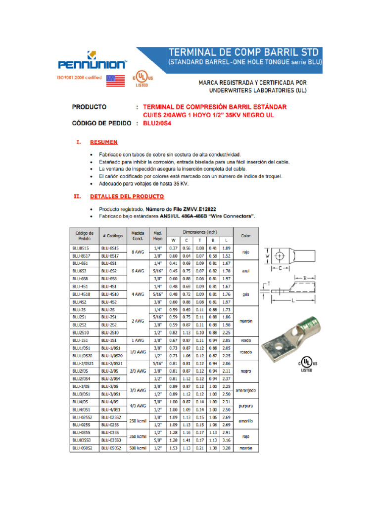 Ficha Técnica Terminal de Compresion 70mm2 | PDF