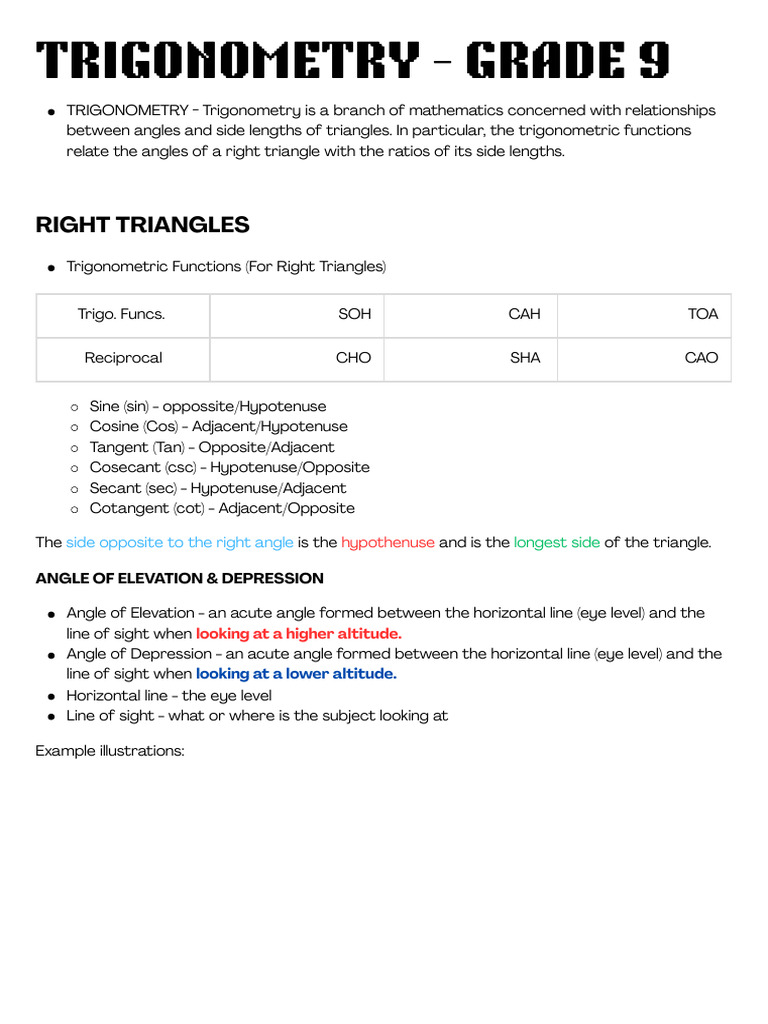 TRIGONOMETRY-GRADE-9 | PDF | Trigonometric Functions | Trigonometry