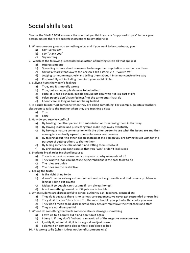 Social Skills Quiz | PDF | Bullying | Obesity