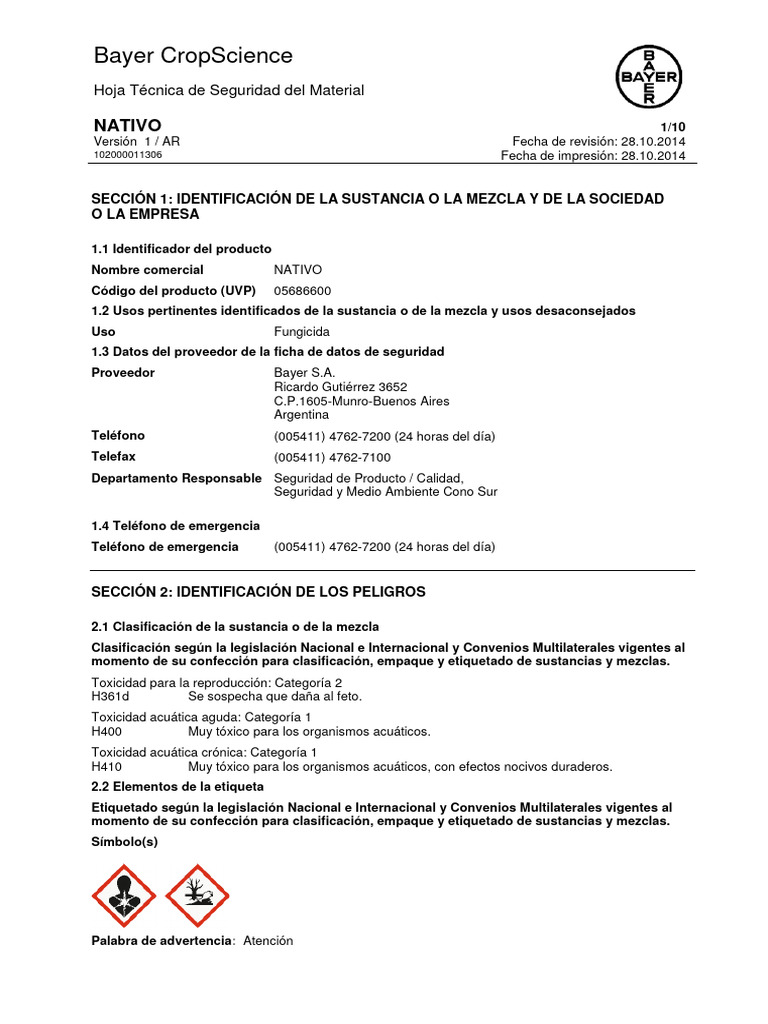 Hoja de Seguridad NATIVO_2 | PDF | Toxicidad | Residuos