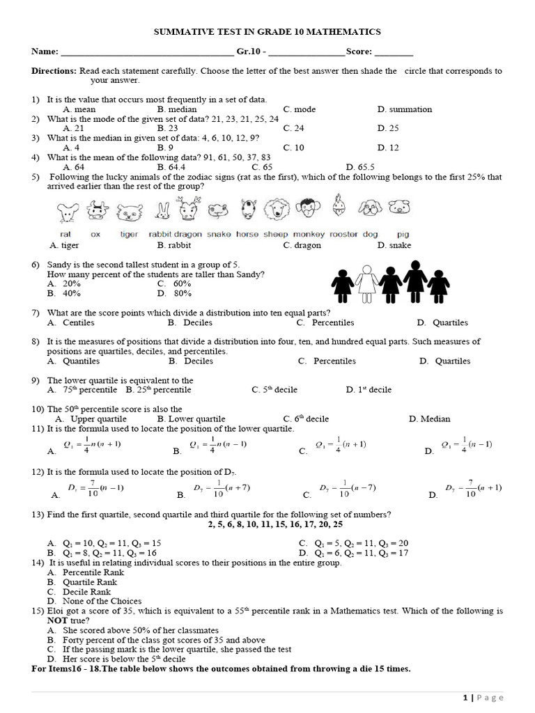 Summative Test in Grade 10 Math | PDF | Percentile | Quartile