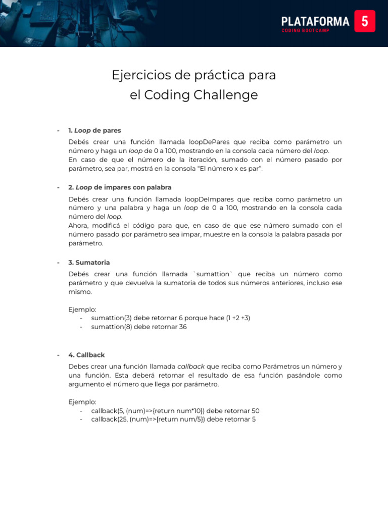 Ejercicios de práctica para el Coding Challenge | PDF | Devolución de llamada (programación de ...
