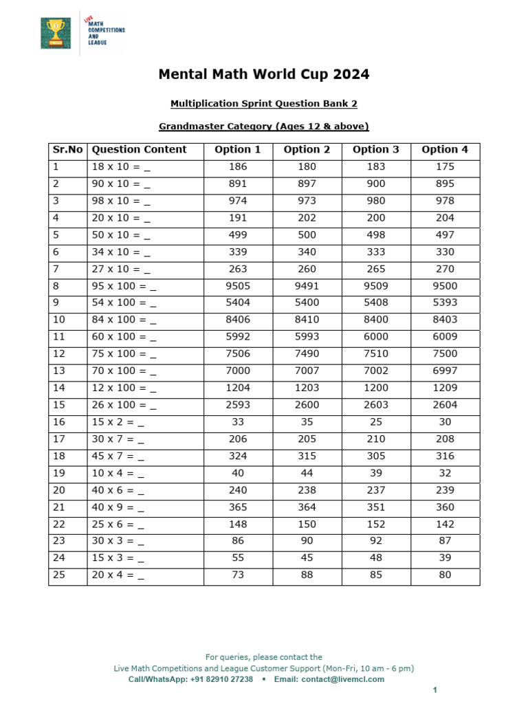 3-Grandmaster Sprint Multiplication Question Bank 2-MMWC 2024 | PDF