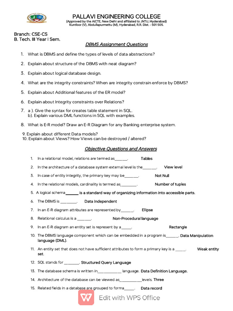 DBMS Assignment Questions | PDF | Relational Database | Sql DBMS Assignment Questions | PDF | Relational Database | Sql