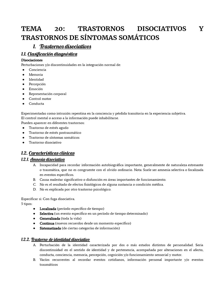 Tema 20 - Trastornos Disociativos y Trastornos de Síntomas Somáticos | PDF | Ansiedad | Las ...