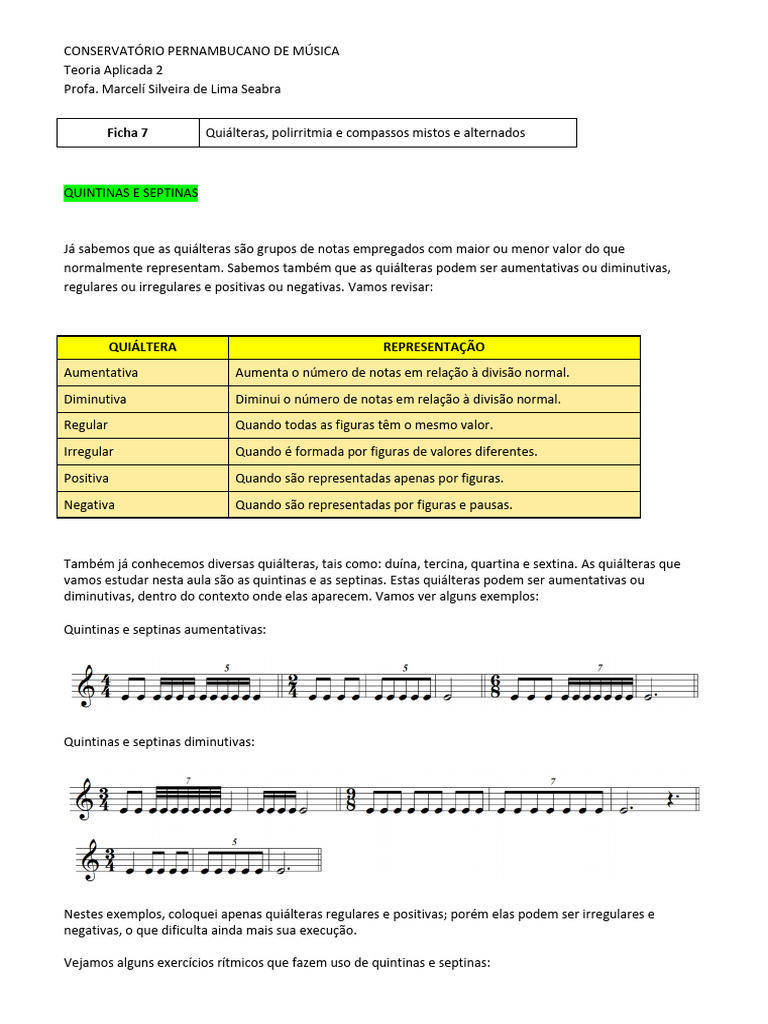 Ficha 7 - Quiálteras, Polirritmia e Compassos Mistos e Alternados | PDF | Poética | Ritmo e métrica
